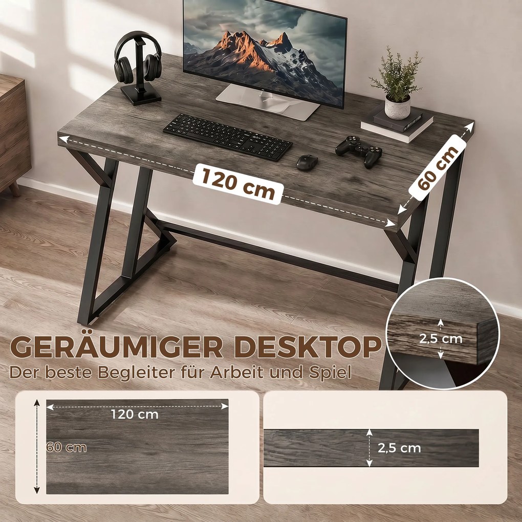 HOMCOM počítačový stůl 120 × 60 cm – industriální Z-rám, patinovaná šedá