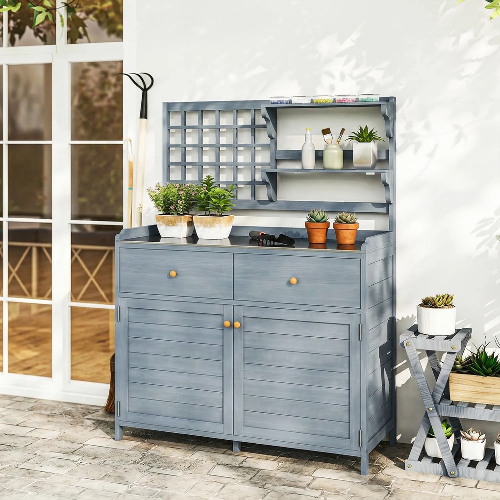 Outsunny světle šedý zahradní stůl na přesazování se skříňkou a pozinkovanou pracovní deskou, 2 zásuvky — 104 x 44 x 140 cm