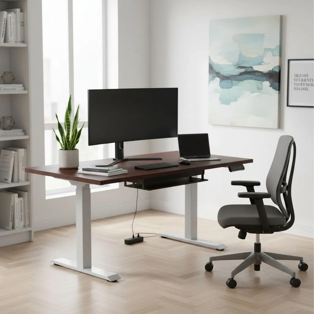 Výškově nastavitelný stůl OfficeTech D, 140 x 80 cm, šedá podnož, wenge
