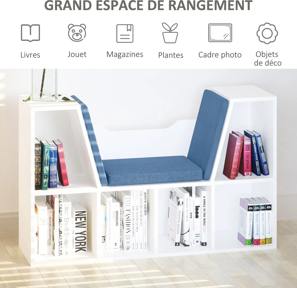 HOMCOM Knihovna s lavicí 2 v 1 Moderní design 6 oddílů 3 polštáře 102Š x 30H x 61V cm Bílá Modrá