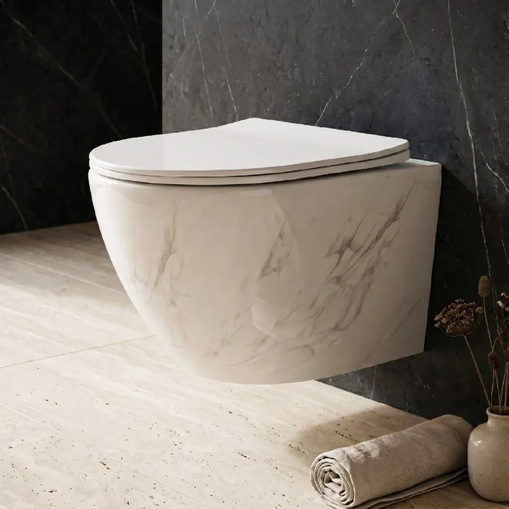 Rea Carlos Nature Marble, závěsná WC mísa Rimless 495x370x355 mm, imitace kamene, REA-C6606