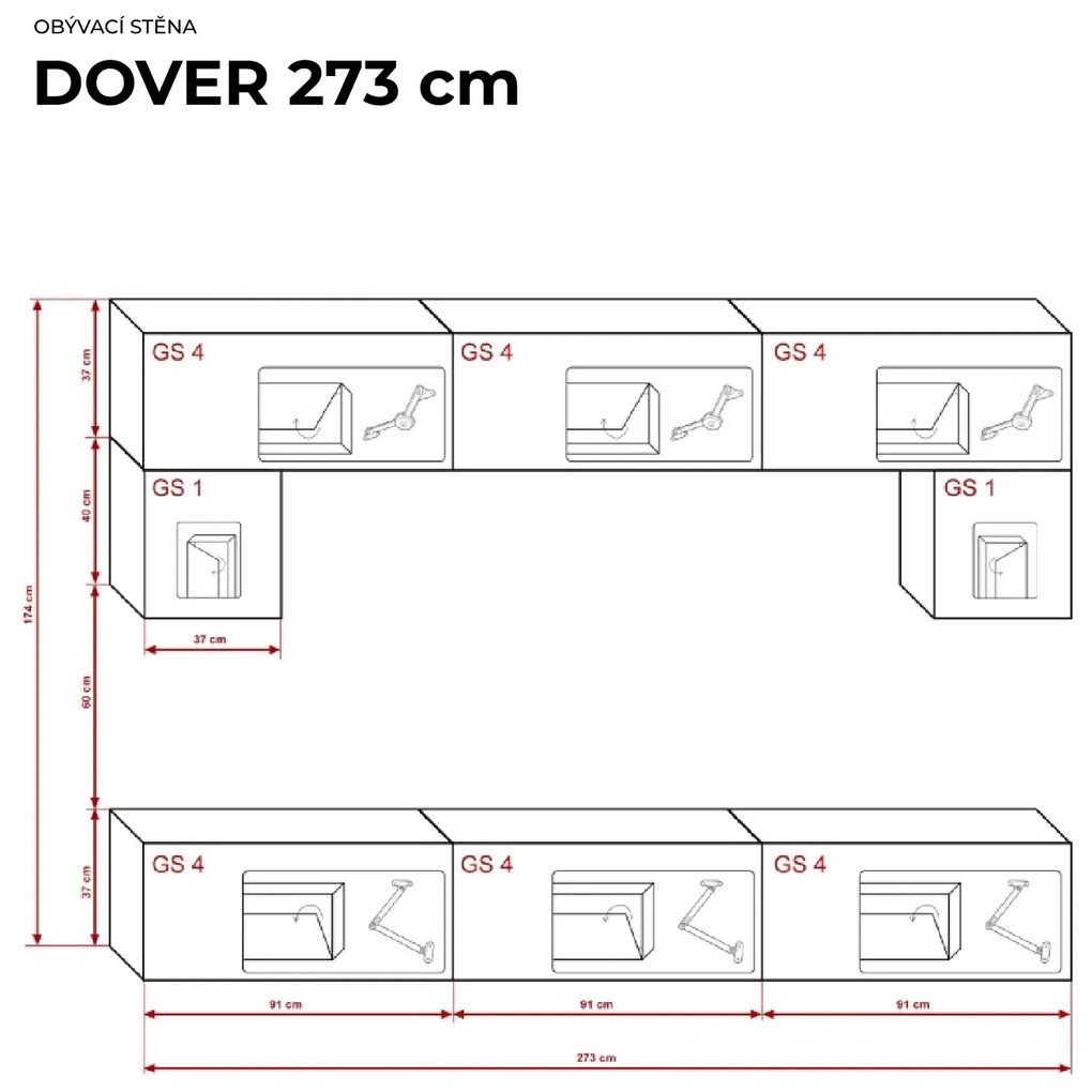 Ral Obývací stěna DOVER 5, 273 cm - Černý lesk