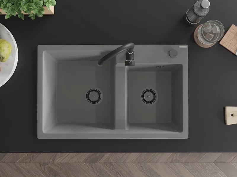 Mexen Tomas, granitový dřez 800x500x190 mm, 2-komorový, šedá s černým sifonem, 6516802000-71-B