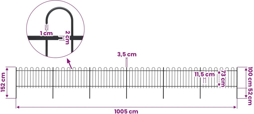 Zahradní plot s obloukem nahoře ocelový 1005 x 100 cm černý 277661