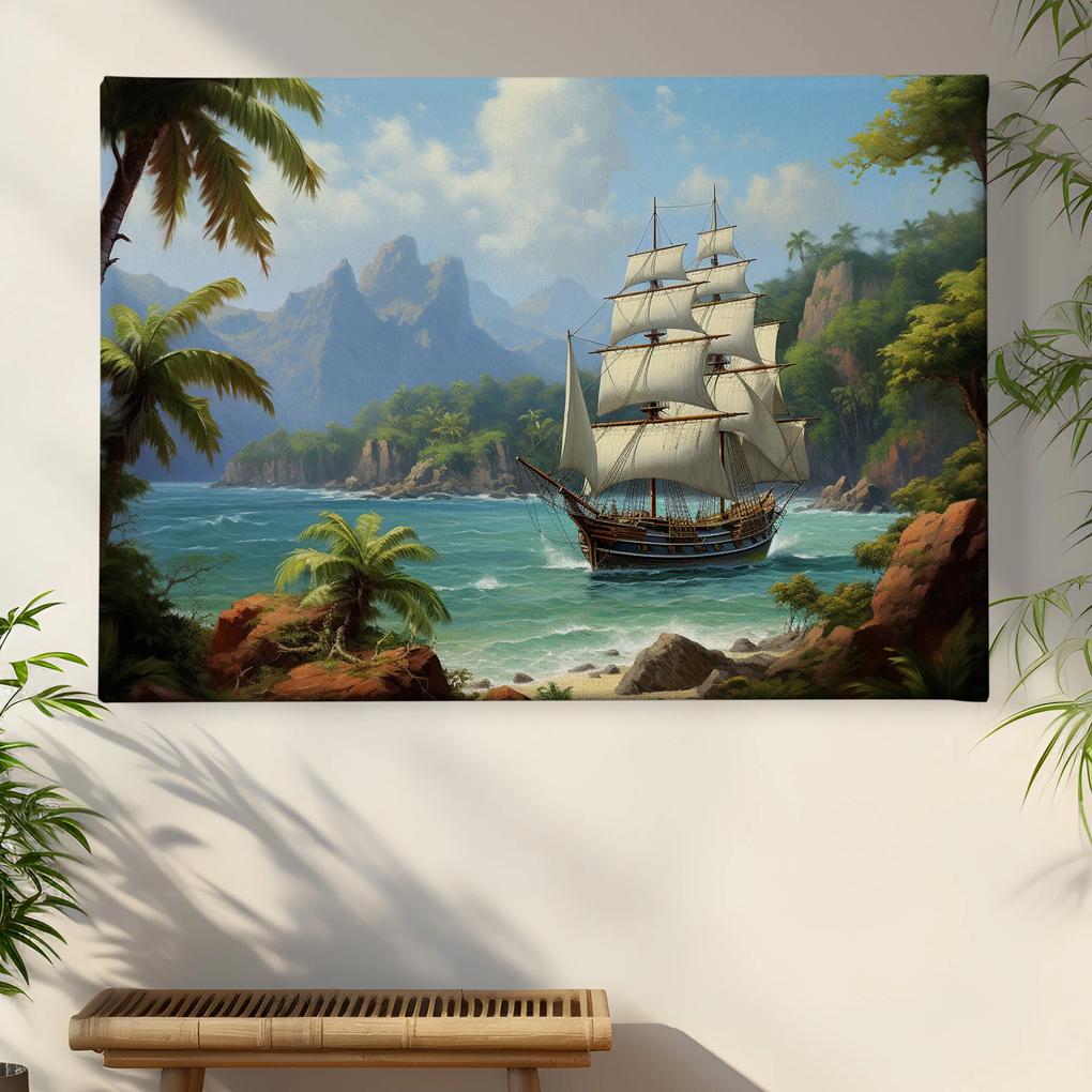 Obraz na plátně - Velká plachetnice kotví u tropického ostrova FeelHappy.cz Velikost obrazu: 180 x 120 cm