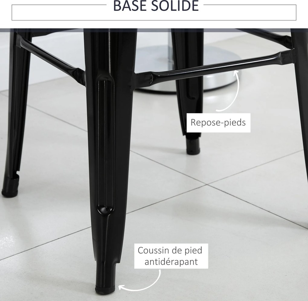 HOMCOM Sada 4 Stackable Barových Židlí Průmyslové Barové Křeslo s Opěrkou a Podnožkou, Výška Sedáku 76 cm, Černý Kov