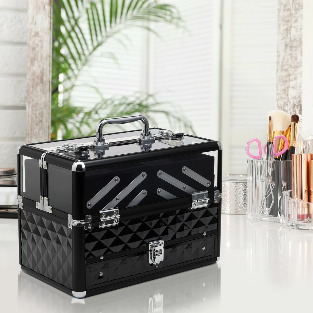HOMCOM Organizér na make-up a šperky, přenosný, víceúrovňový s rukojetí a skládacími přihrádkami, hliníková slitina, 30x18,5x22 cm, průhledný a černý