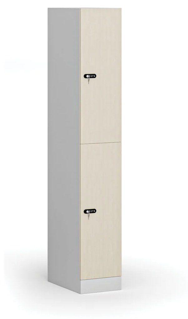 Šatní skříňka s úložnými boxy, 2 boxy, 1850 x 300 x 500 mm, mechanický kódový zámek, laminované dveře, bříza