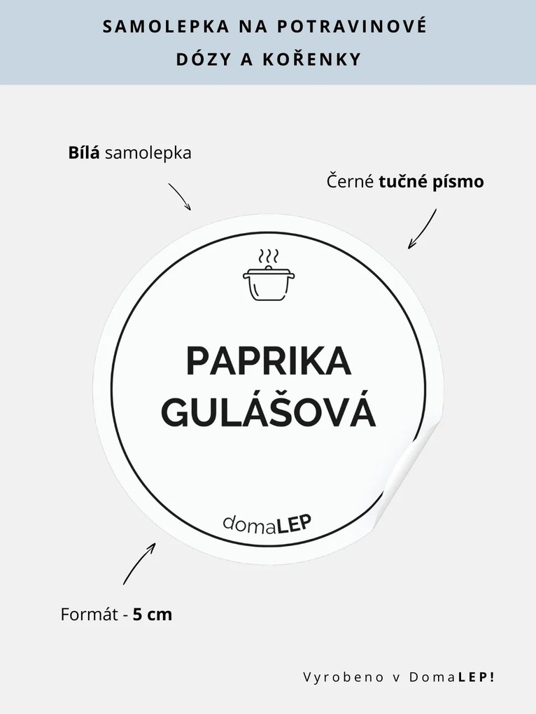 Samolepka na kořenky PAPRIKA GULÁŠOVÁ bílá 5 cm tučné písmo