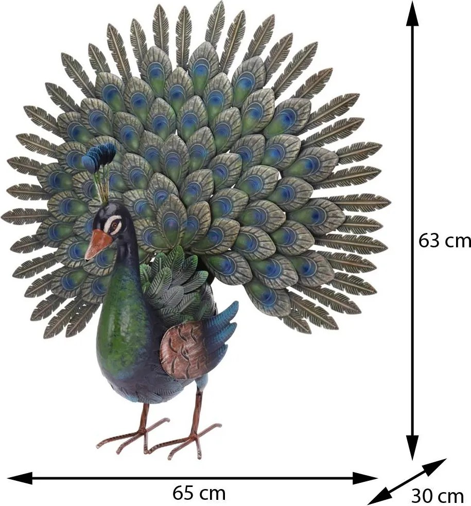 Zahradní kovová figurka Peacock, 63x65 cm, vícebarevná