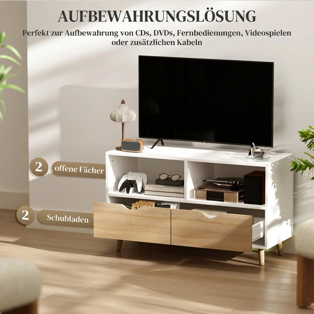 HOMCOM TV skříňka s 2 policemi a zásuvkou, 99 cm dlouhý TV stolek pro televizi, TV jednotka do obývacího pokoje, Bílá, 99 x 39 x 58,3 cm