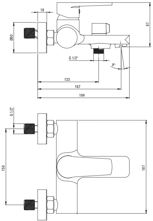 Deante Tubo, nástěnná vanová baterie, chromová, BUT_010M