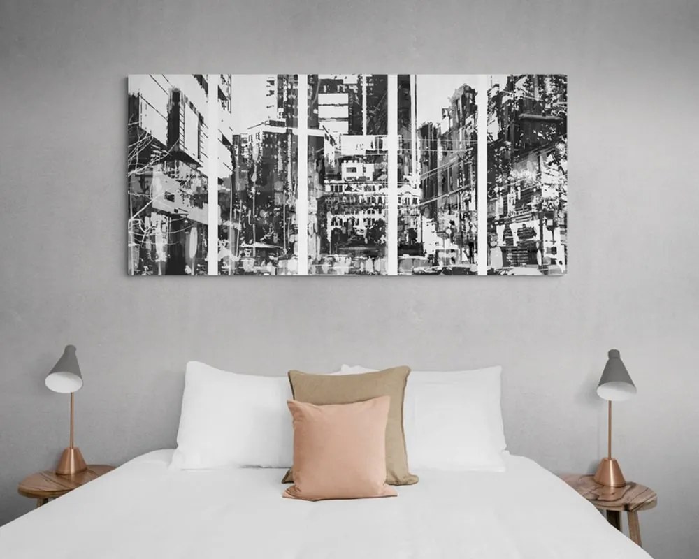 5-dílný obraz abstraktní panoráma města v černobílém provedení - 200x100 cm