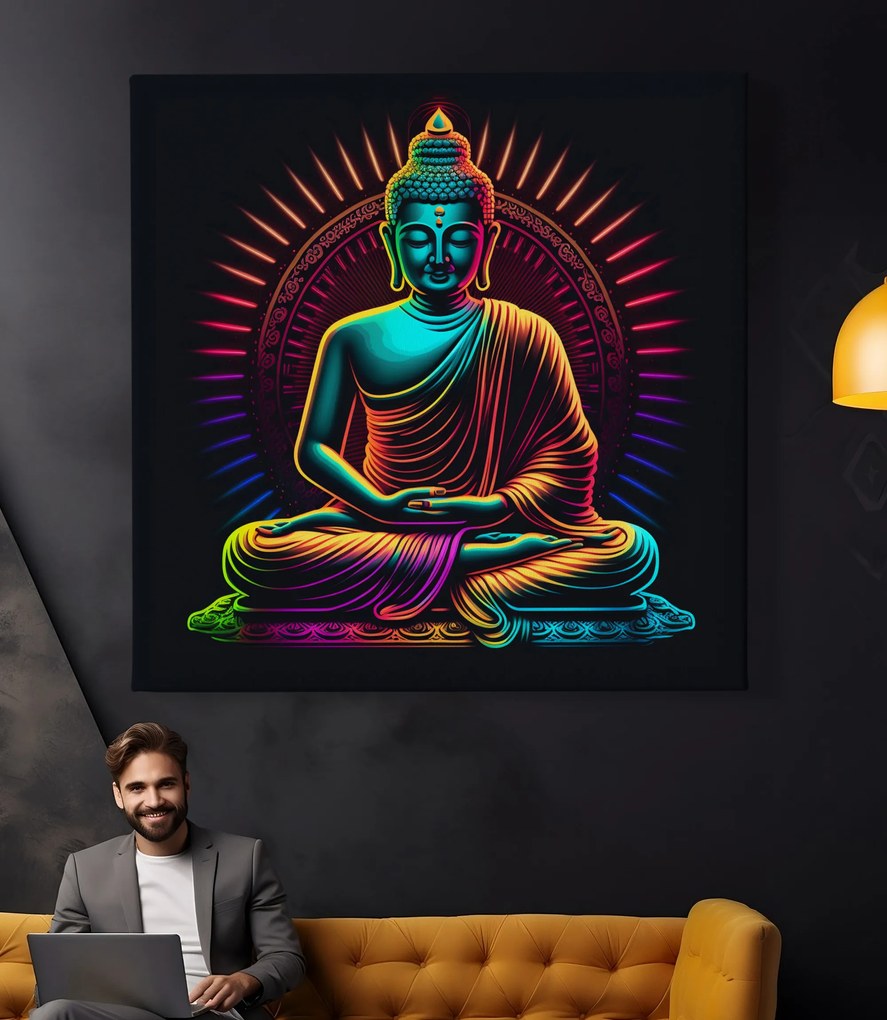 Obraz na plátně - Barevný neonový Buddha FeelHappy.cz Velikost obrazu: 80 x 80 cm