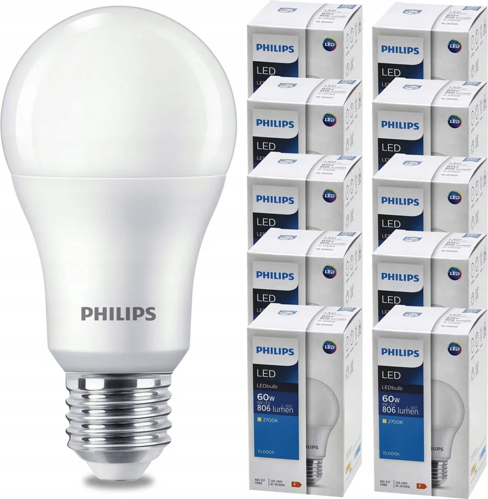 SADA 10 LED žárovek E27 8W 806lm PHILIPS teplá bílá 2700K A60