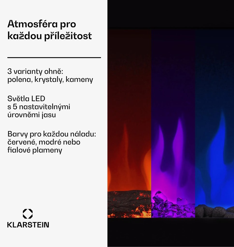 Klarstein Inteligentní elektrický krb Galeras, 2 nastavení teploty, 16 - 30°| Iluze plamene LED, Možnost připojení k IOT