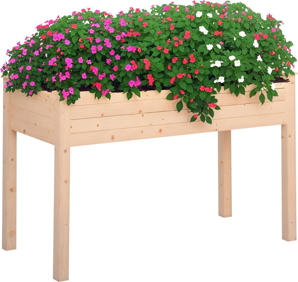 Outsunny Vyvýšená Městská Zahrada z Přirozeného Dřeva 122,5x56,5x76 cm - Vyvýšený Zahradní Stůl s Netkanou Textilií a 4 Odtokovými Otvory pro Rostliny