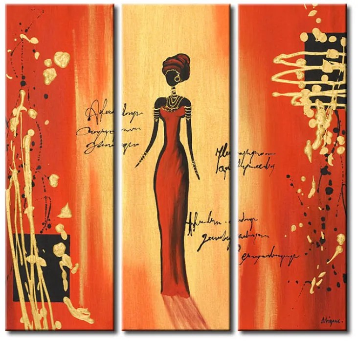 Obraz Africká královna (3dílný) - silueta ženy na pozadí s nápisy