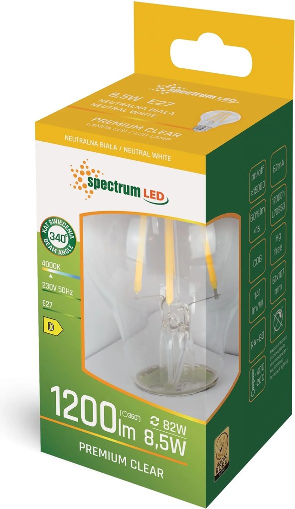 Spectrum LED Spectrum LED, LED žárovka GLS E-27 8,5W, 4000K, 1200lm, WOJ+14596, OSW-05757