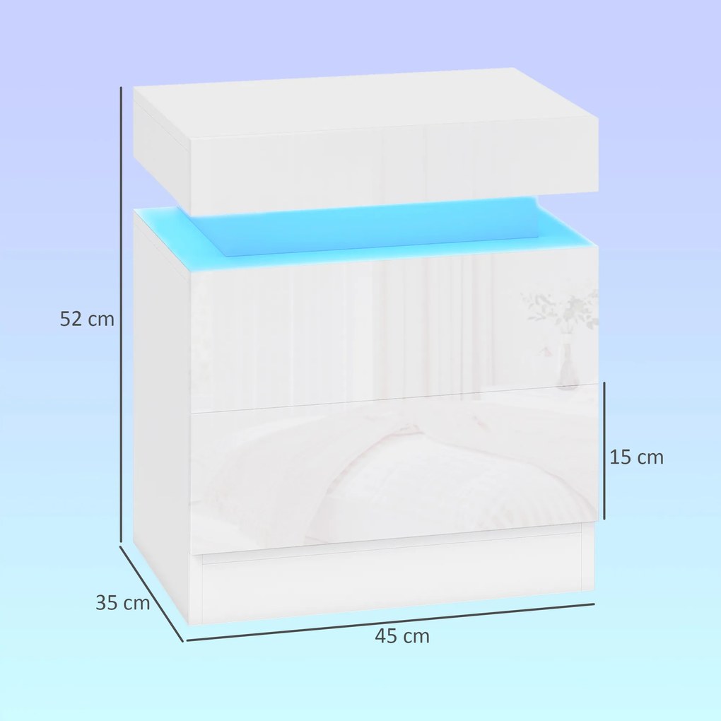 HOMCOM sada 2 LED nočních stolků s 16 barvami a 4 režimy, se 2 šuplíky, z dřeva, 45x35x52 cm, vysokolesklá bílá