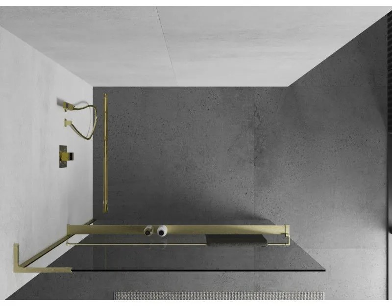 Mexen Kioto+ L, sprchová zástěna Walk-In s poličkou a věšákem 95 x 200 cm, 8mm čiré sklo, zlatý matný profil, 800-095-123-55-00