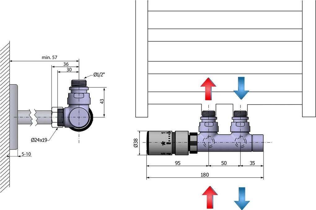 Sapho TWIN připojovací sada ventilů termostatická pro středové připojení levé chrom CP3012S