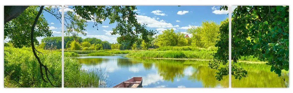 Obraz letní řeky s loďkou (170x50 cm)