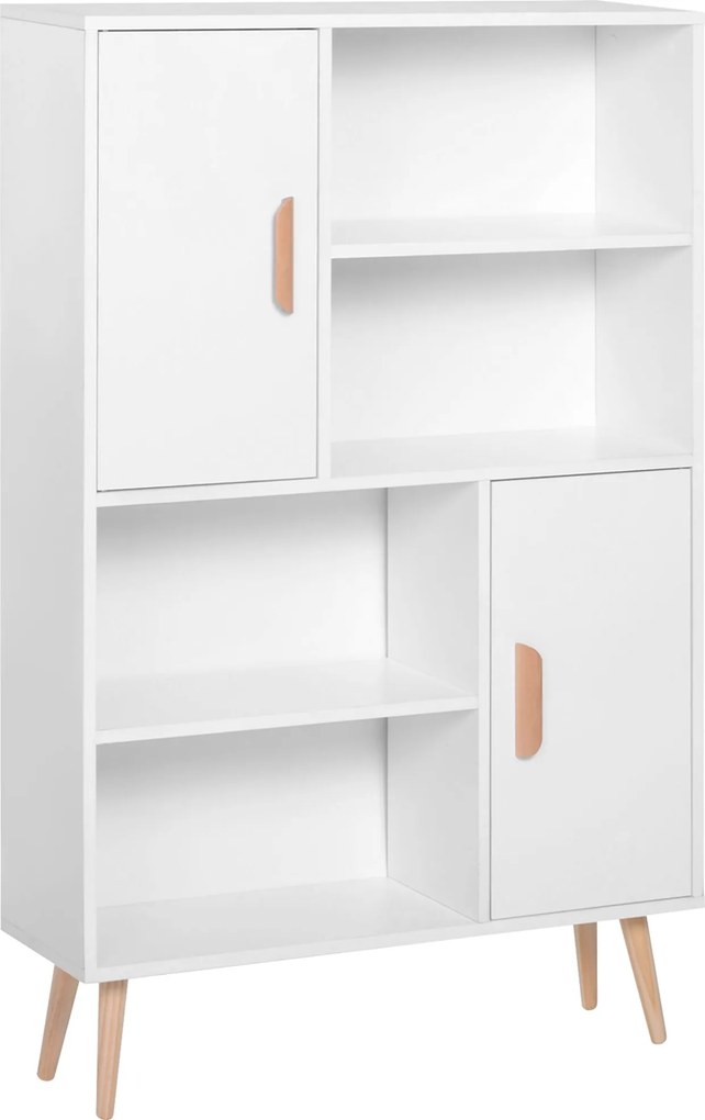 HOMCOM Skandinávská Knihovna se 4 Policemi + 2 Skříňkami s Nastavitelnou Policí rozměr 80D x 24Š x 123V cm, Se Šikmýma Nožkama z Pevného Borového Dře…