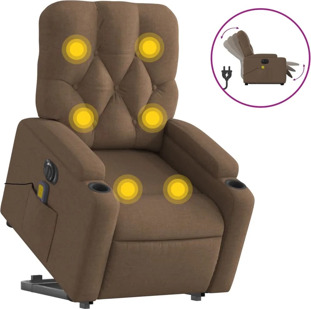 Elektrické zvedací masážní polohovací křeslo hnědé textil 3204750