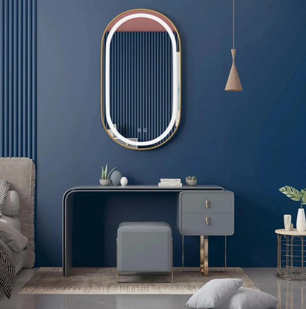 Tutumi Oválné zrcadlo 60x90 cm s regulovatelným LED osvětlením HOM-02509, kartáčovaná zlatá