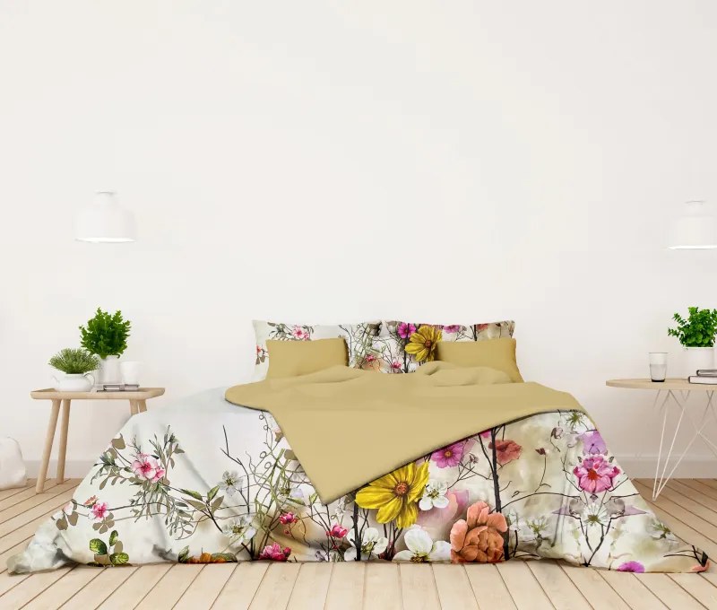 #Ervi Bavlněné Saténové(200x220+2ksx70x90) povlečení DELUXE DUO - Exotické květy/zlaté