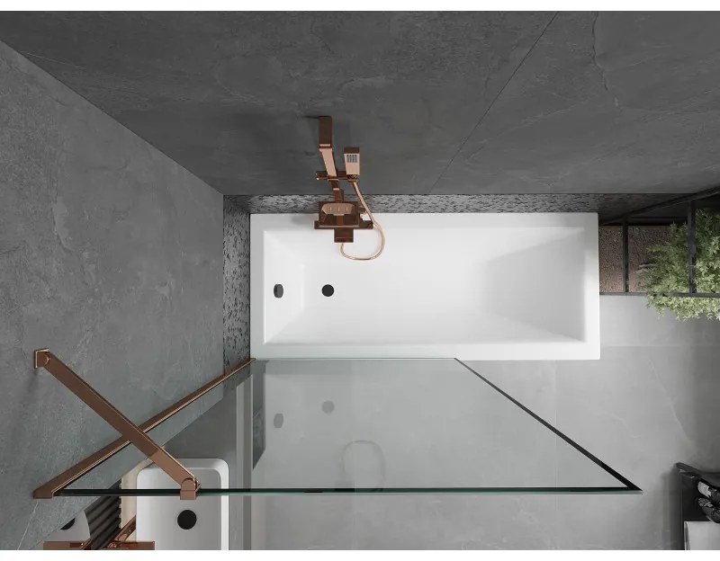 Mexen Next, vanová zástěna 1-křídlová 70 x 150 cm, fixní křídlo, 6 mm čiré sklo s černým vzorem, růžové zlato profil, 895-070-000-00-70-60