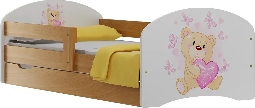 Dětská postel s motivem TEDDY LOVE  se zábranou Rozměr: 160x80, Matrace: bez matrace, Barevná kombinace: BÍLÁ/OŘECH TMAVÝ