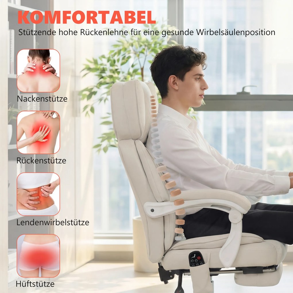 HOMCOM Kancelářská židle s vysokým opěradlem s vibrační masáží a vyhříváním, ergonomická, naklápěcí, s opěrkou nohou, krémově bílá