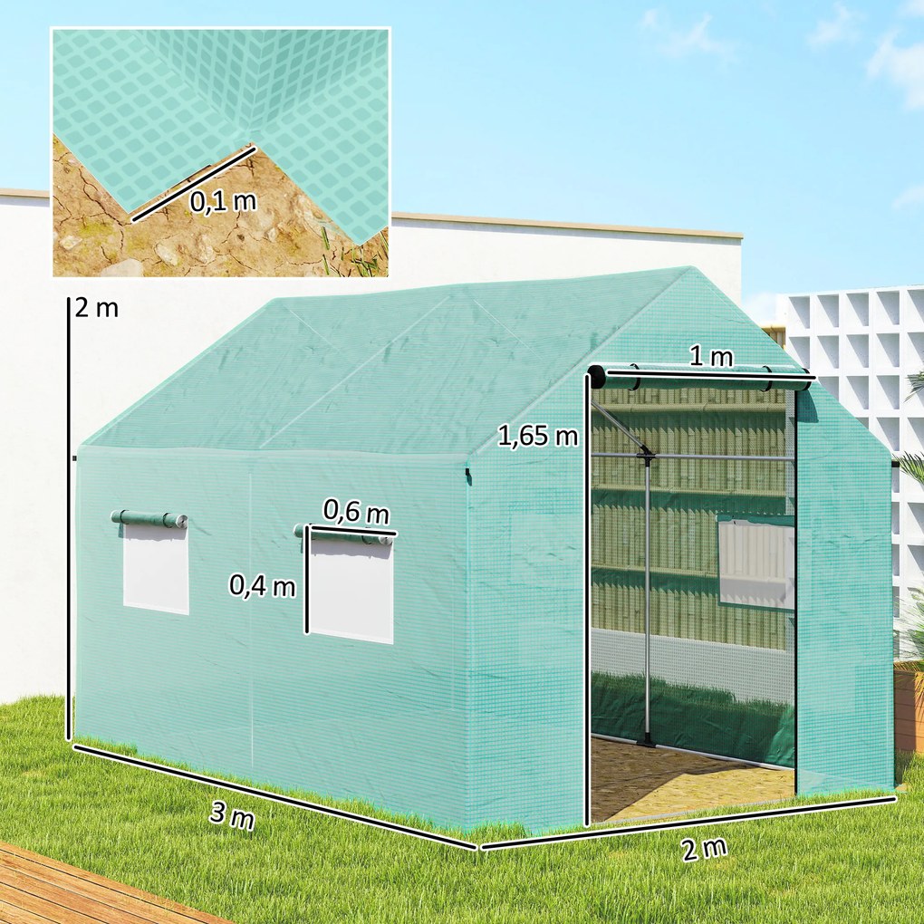 Fóliový skleník Outsunny 2x3x2m odolný proti větru s rolovacím oknem a UV ochranou, ideální pro rajčata, robustní ocelová konstrukce v zelené barvě |