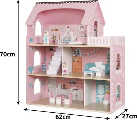 Dřevěný domeček pro panenky s LED osvětlením + nábytek a doplňky