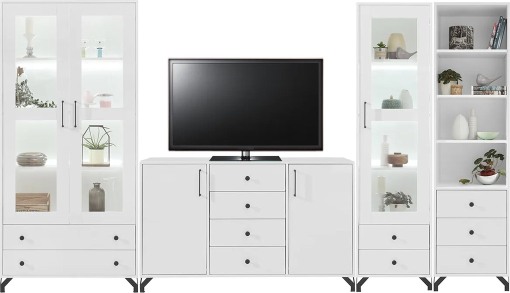 Obývací stěna BERGEN D | 4 díly | 320 cm | bílá mat/bílá lesk