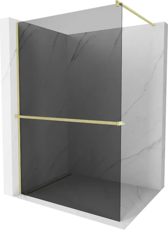 Mexen Kioto+, sprchová zástěna Walk-In s poličkou a věšákem 110 x 200 cm, 8mm šedé sklo, zlatý matný profil, 800-110-121-55-40