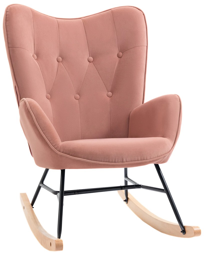 HOMCOM Ošetřovatelské houpací křeslo do ložnice obývacího pokoje, vysoké opěradlo, ocelový rám, sametový polyester, kaučukové dřevo, 84x70x96cm, růžo…