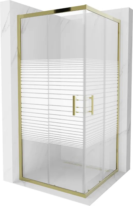 Mexen Rio, čtvercový sprchový kout s posuvnými dveřmi 90 (dveře) x 90 (dveře) x 190 cm, 5mm čiré sklo s pásky, zlatý profil, 860-090-090-50-20