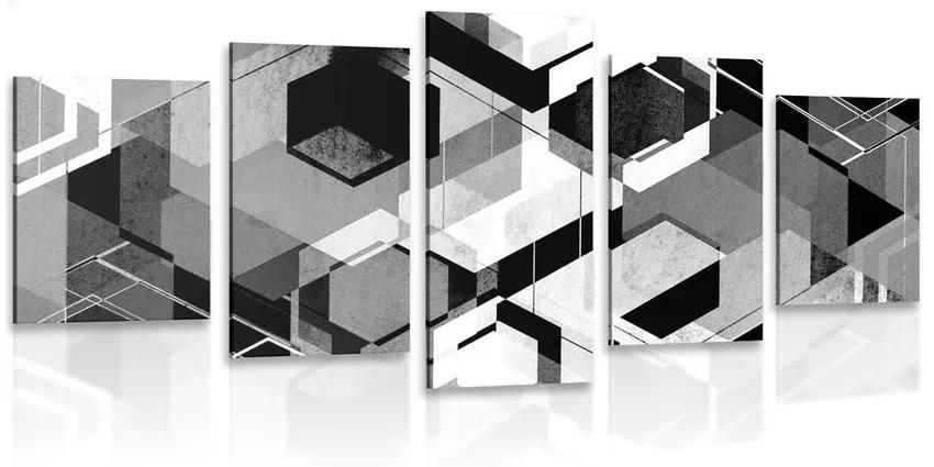 5-dílný obraz abstraktní geometrie v černobílém provedení - 200x100 cm