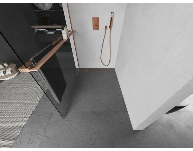 Mexen Kioto+, sprchová zástěna Walk-In s poličkou a věšákem 120 x 200 cm, 8mm čiré sklo, měděný matný profil, 800-120-121-65-00
