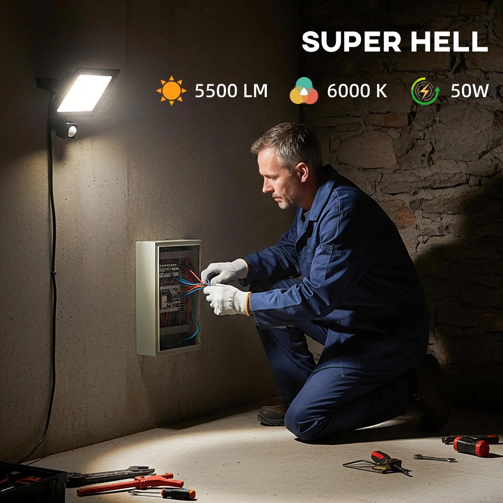 50W pracovní lampa, nastavitelná, 3 režimy, hliníková, flexibilní použití, černá