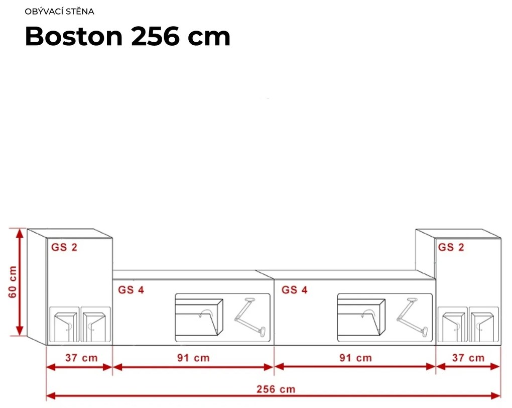 Ral Obývací stěna BOSTON 4, 256 cm - Bílý lesk