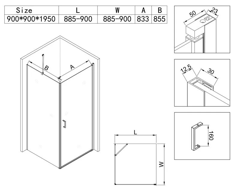 BPS-koupelny Čtvercový sprchový kout HYD-ZBR-900 90x90 černá/transparent