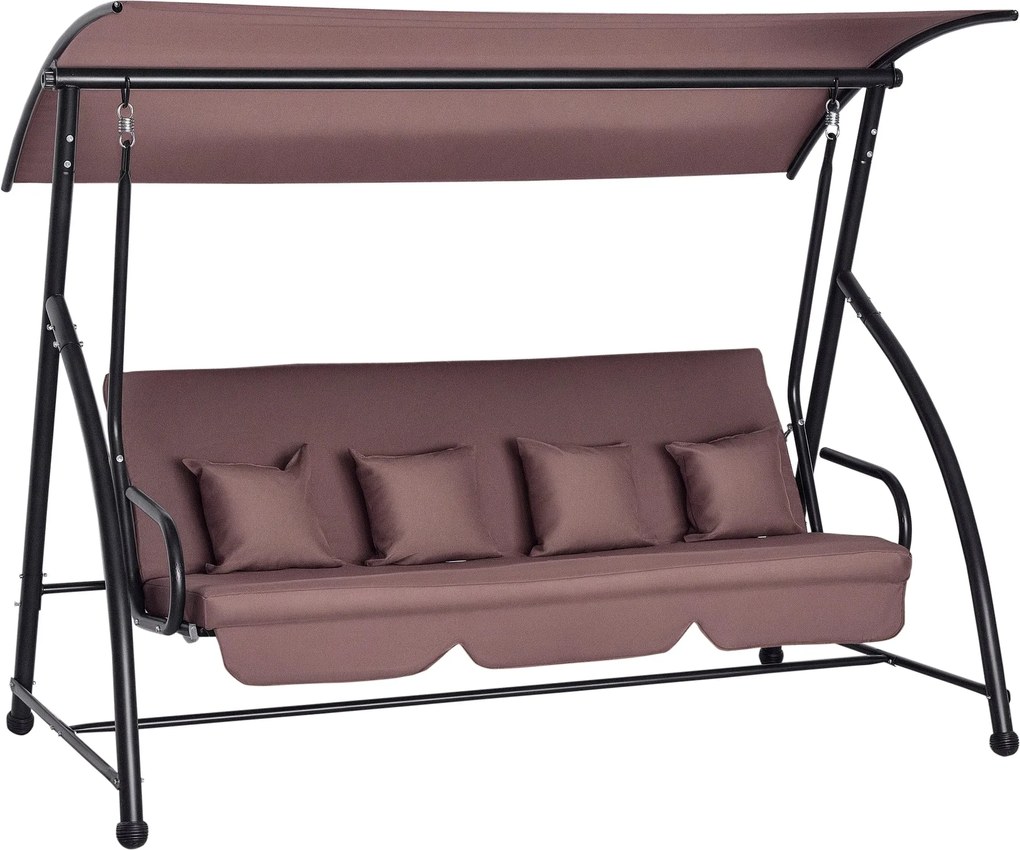 Outsunny Hollywoodská houpačka do zahrady, závěsná lavička pro 3 osoby s nastavitelnou střechou a funkcí lehátka, polyester hnědý 215 x 120 x 165 cm |
