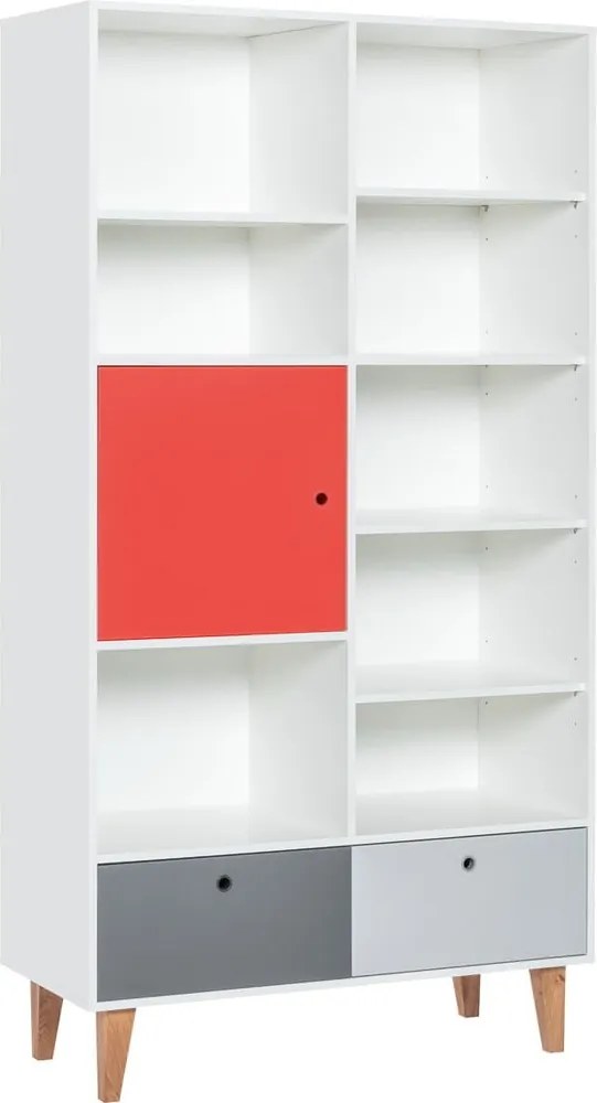 Knihovna s červenými dvířky z dubového dřeva Vox Concept, 105 x 201,5 cm