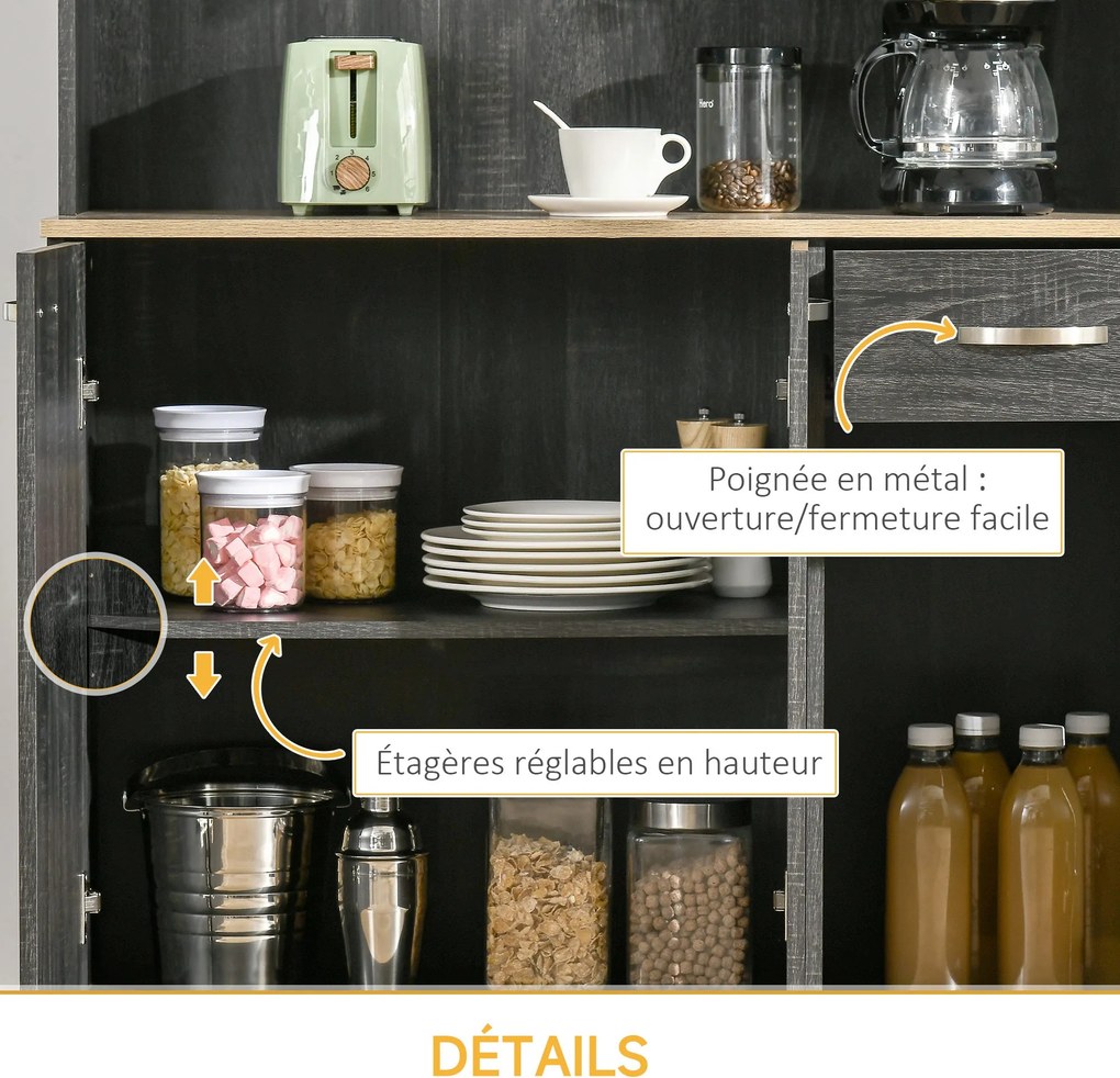 HOMCOM Moderní kuchyňská komoda s bufetem, 6 dveří, 1 zásuvka + Velký pracovní stůl 101L x 39W x 180H cm, černé dřevo