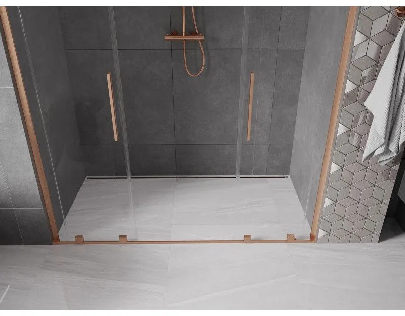 Mexen Velar L Duo, posuvné sprchové dveře do otvoru 170 cm, 8mm čiré sklo, měděná matná, 871-170-003-02-65