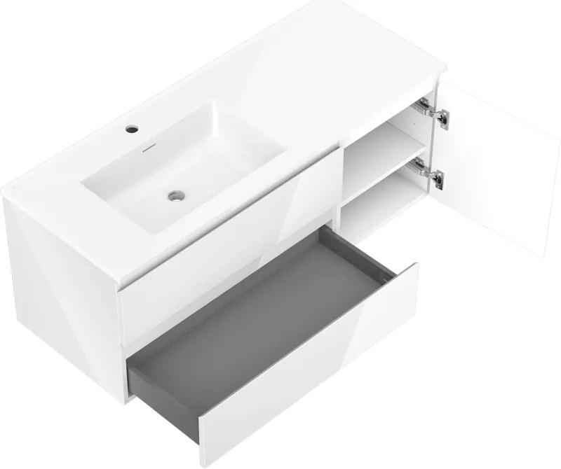 Mexen Orio, koupelnová skříňka 120 cm s levým umyvadlem Otis, 2S, 1D, bílá lesklá, 91A13-12047-3-BBFFF00-W18L00
